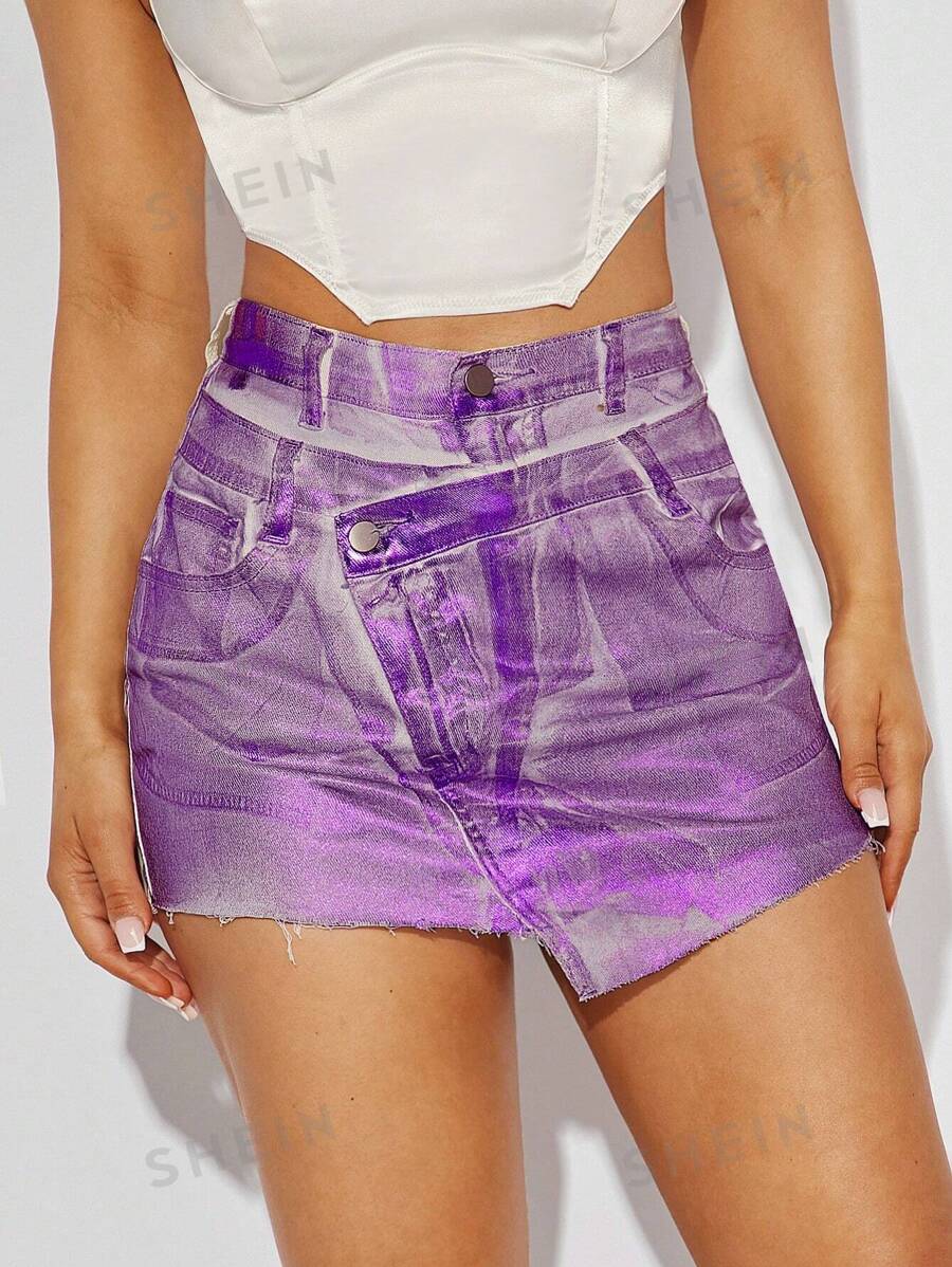 IMEXY SHEIN ICON Stacked Waist Metallic Denim Skort | SHEIN USA
