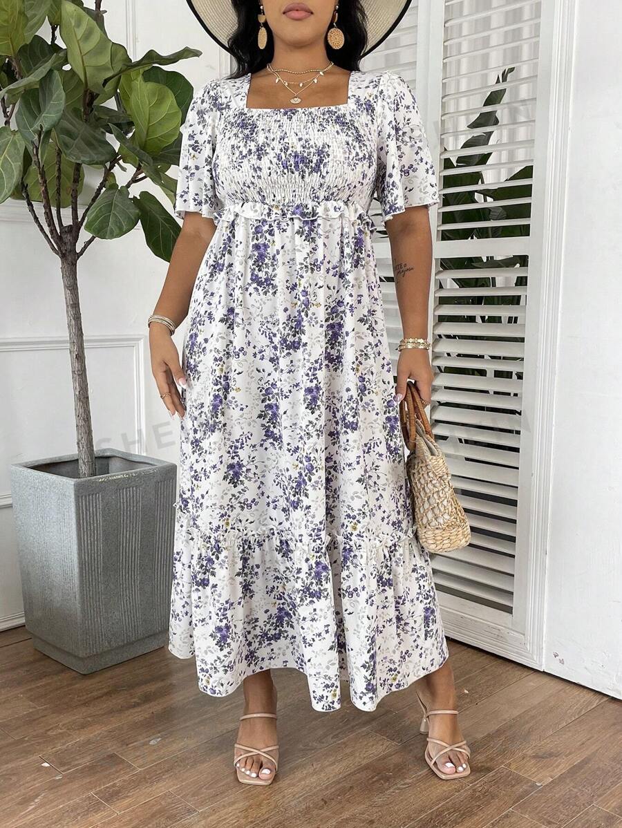 Shein Wywh Plus Size Womens Floral Print Square Neck Front Tie Short