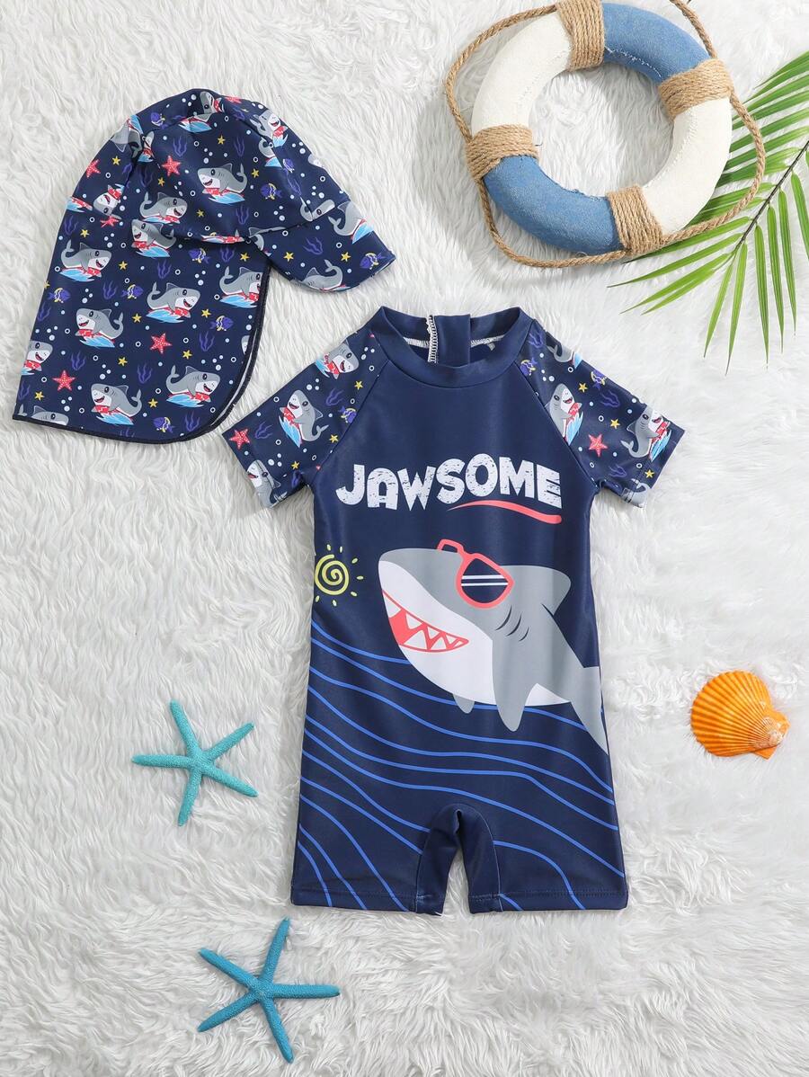 Baby Boy Shark Print One Piece Swimsuit With Swim Cap | SHEIN USA