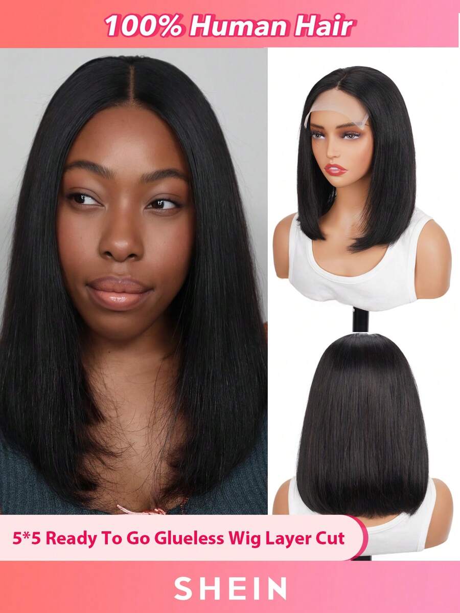 Ready To Go 5X5 Lace Closure Layer Cut Bob Wig Short Straight Hair Wig ...