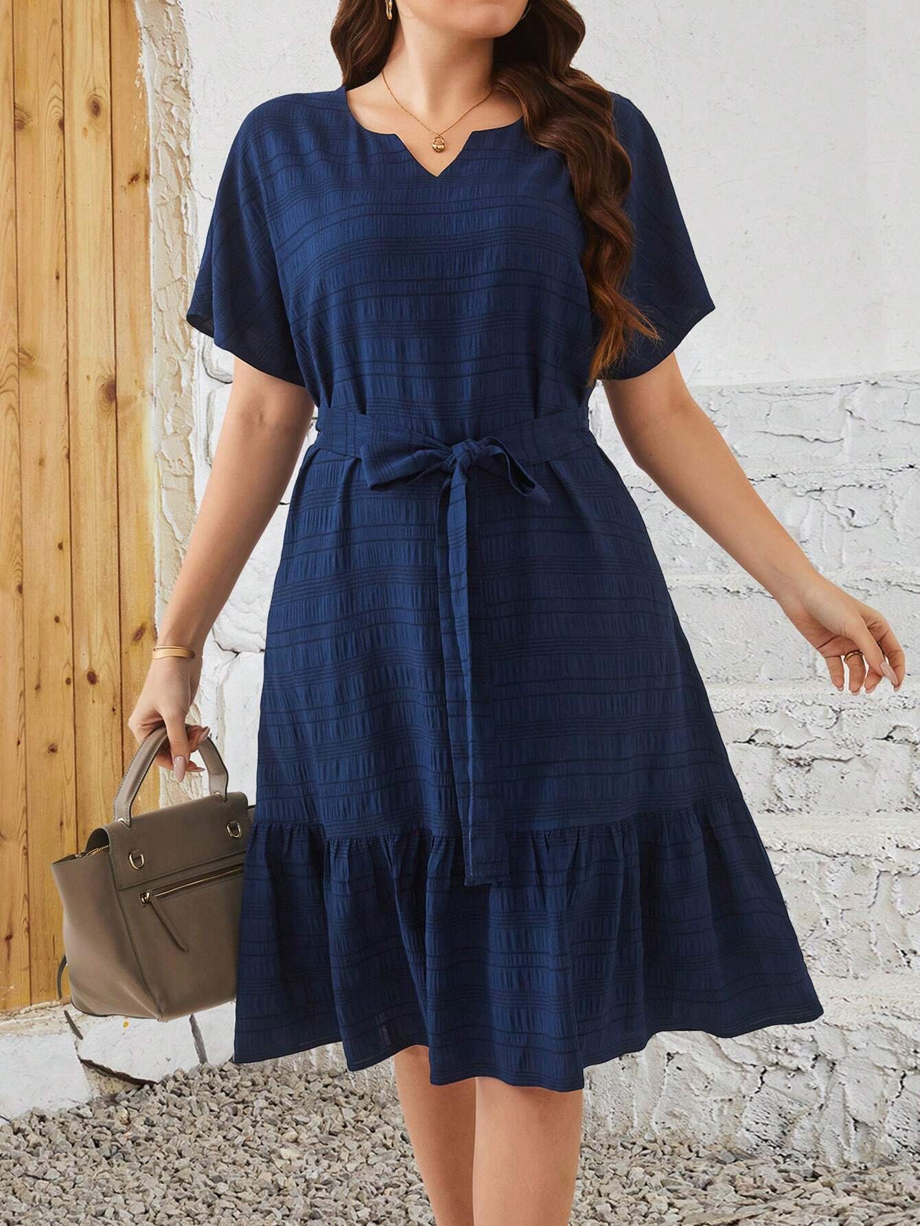 EMERY ROSE Plus Size Solid Color Textured Notched Neck Dress With ...