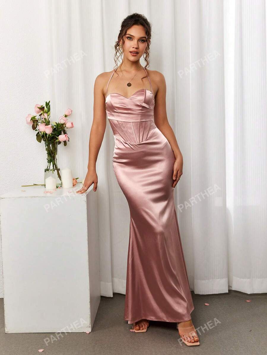 PARTHEA Halter Boning Corset Ruched Mermaid Hem Satin Party Dress Elegant Formal Evening Prom ...