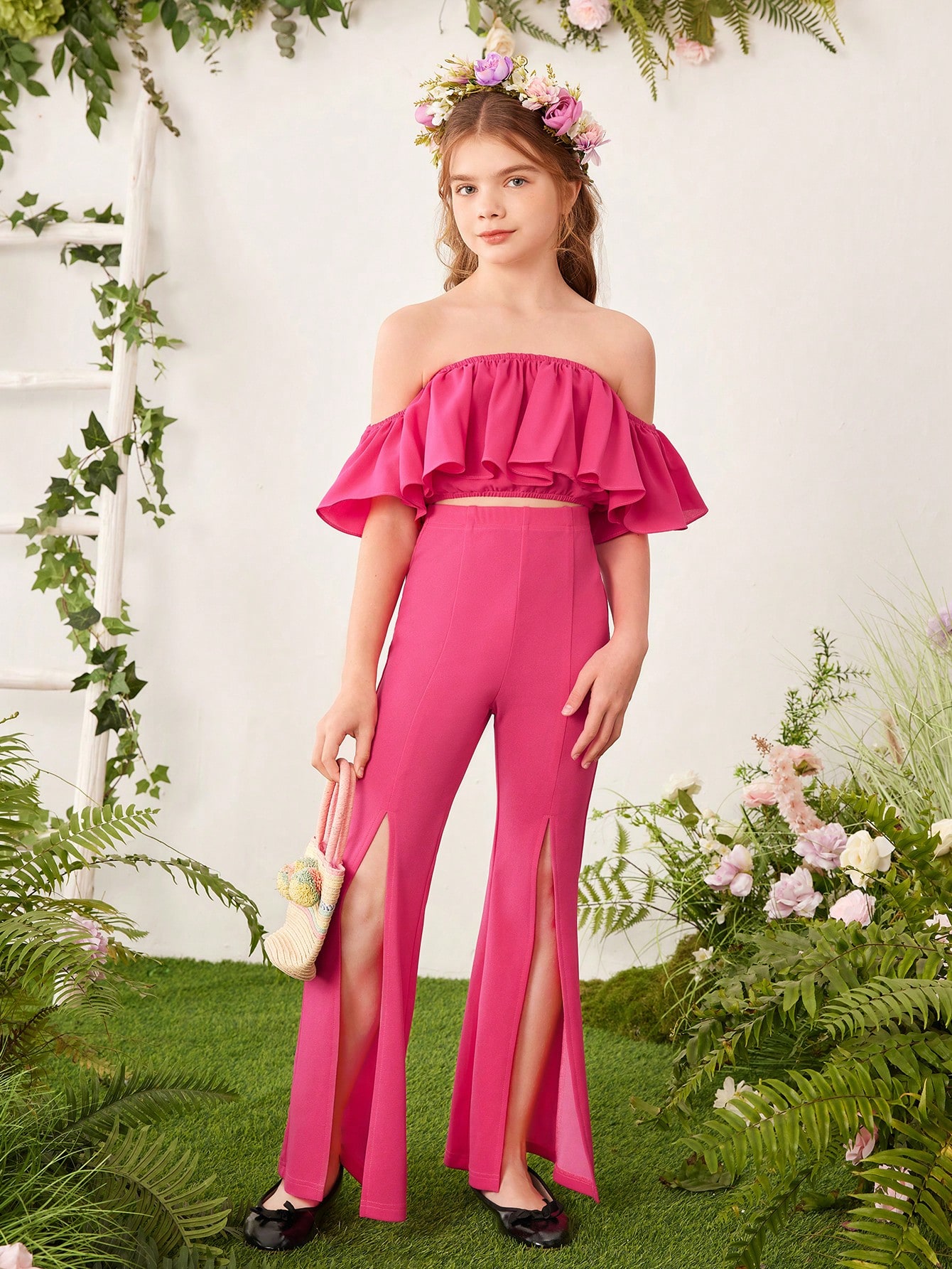 Tween Girls' One-Shoulder Ruffle Decor Top With High Slit Flare Pants ...