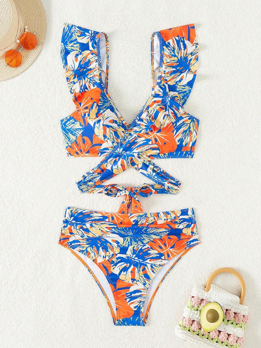 SHEIN Swim Summer Beach Women's Tropical Plant Print Ruffled Two-Piece ...