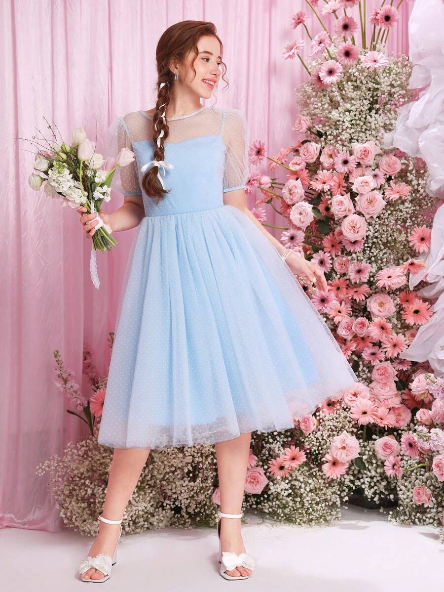 SHEIN Teen Girl Sheer Mesh Flocked Polka Dot Bubble Sleeves Dress With ...