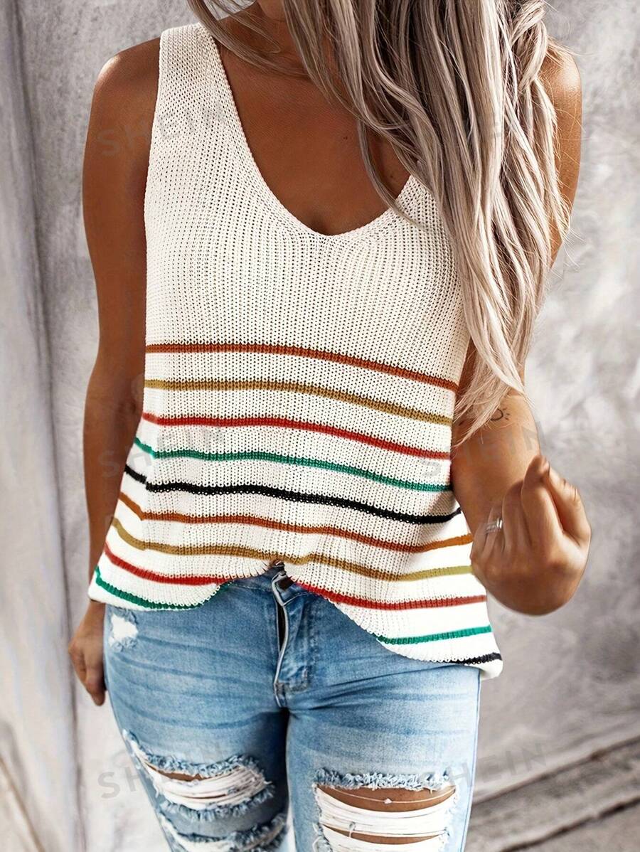 New Arrival Women's Casual Striped Color Block Hollow Out V-Neck ...