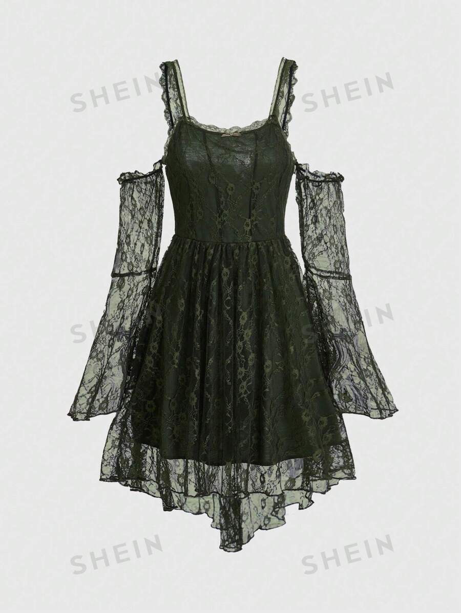 ROMWE Fairycore Contrast Lace Cold Shoulder Dress | SHEIN USA