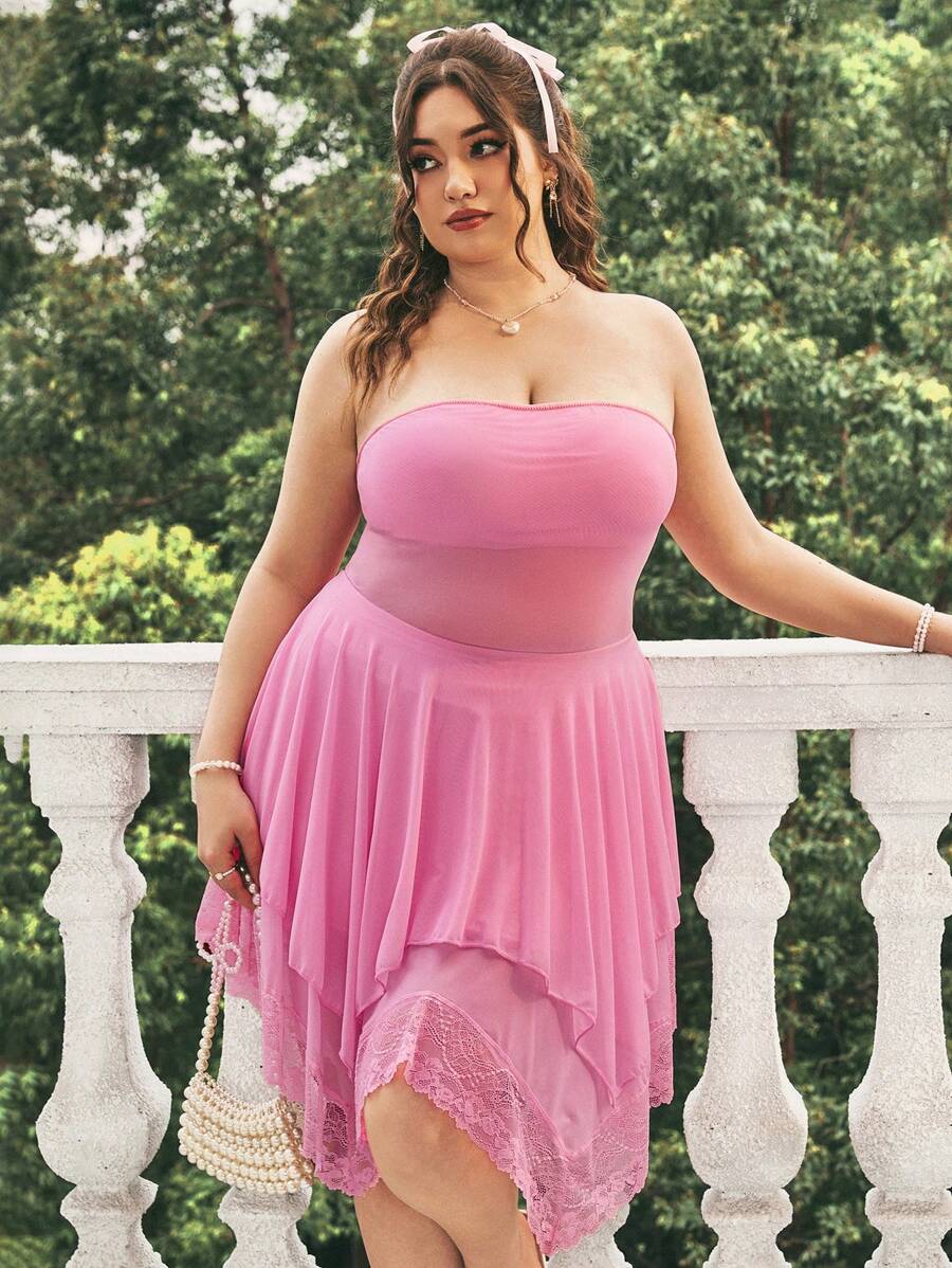 SHEIN WYWH Plus Size Mesh Fabric Irregular Lace Hem Strapless Dress ...