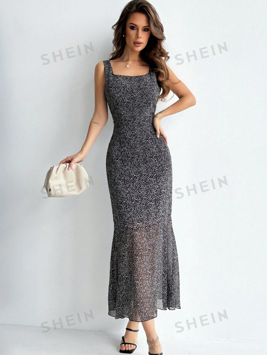 SHEIN Aloruh Women's Black Floral Fishtail Midi Dress For Date And ...