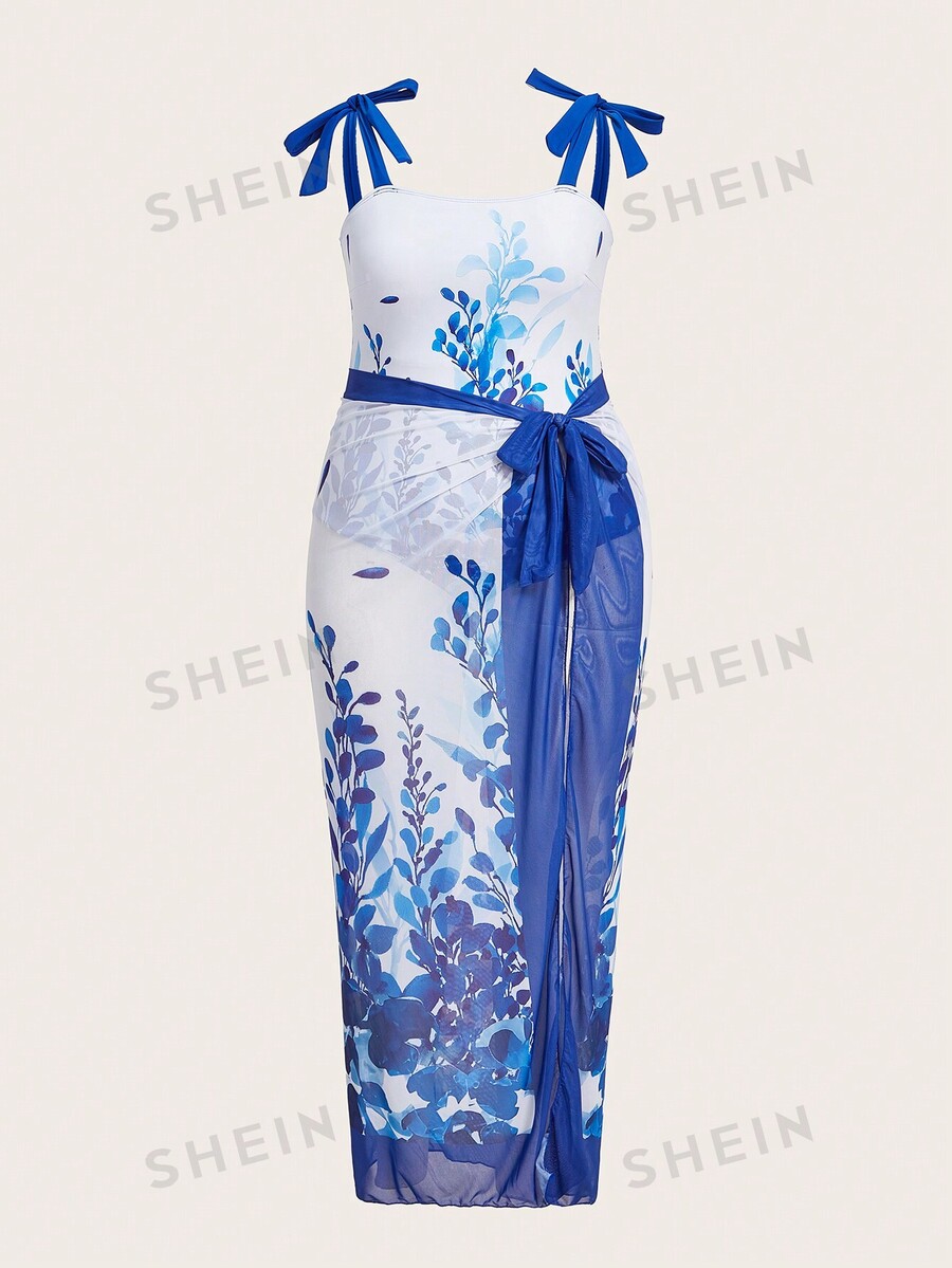 SHEIN Swim Oasis Plus Size Bodycon Swimsuit With Plant Print And Cover ...