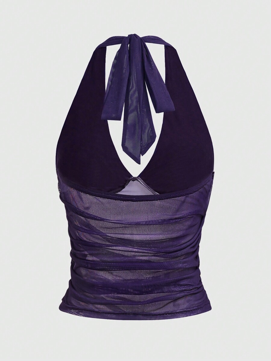 ROMWE Goth Women's Mesh Halter Floral Rhinestone Embellished Waist ...