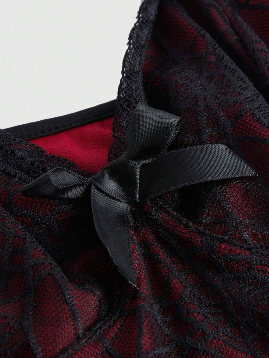 ROMWE Goth Women's Spaghetti Strap Lace Tank Top With Mesh And Bow Detail | SHEIN USA