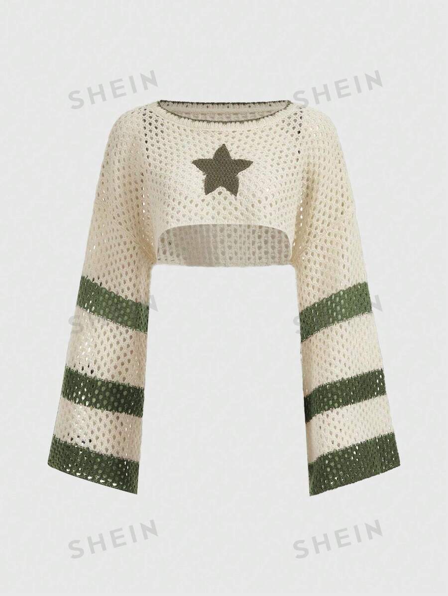 ROMWE Fairycore Summer Crochet Star Pattern Hollow Out Crop Sweater ...