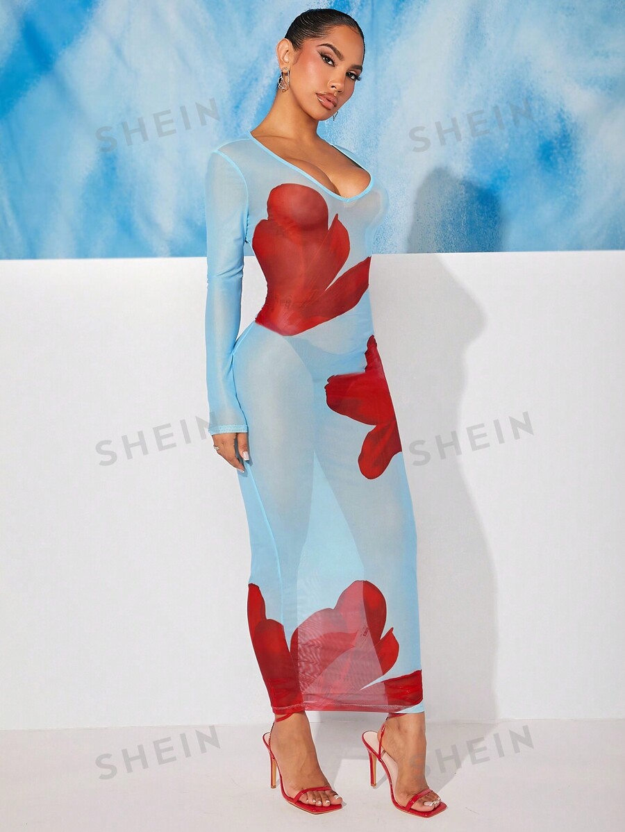 SHEIN SXY Sheer Women's Summer Sexy Sheer Mesh Dress With Large Floral Print | SHEIN South Africa