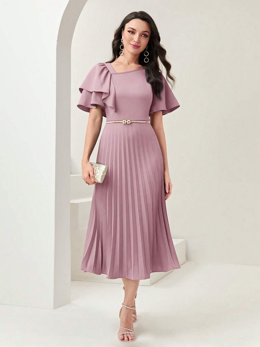Modelyn Asymmetric Neckline Frilled Sleeve Pleated Fish Tail Hem Dress ...