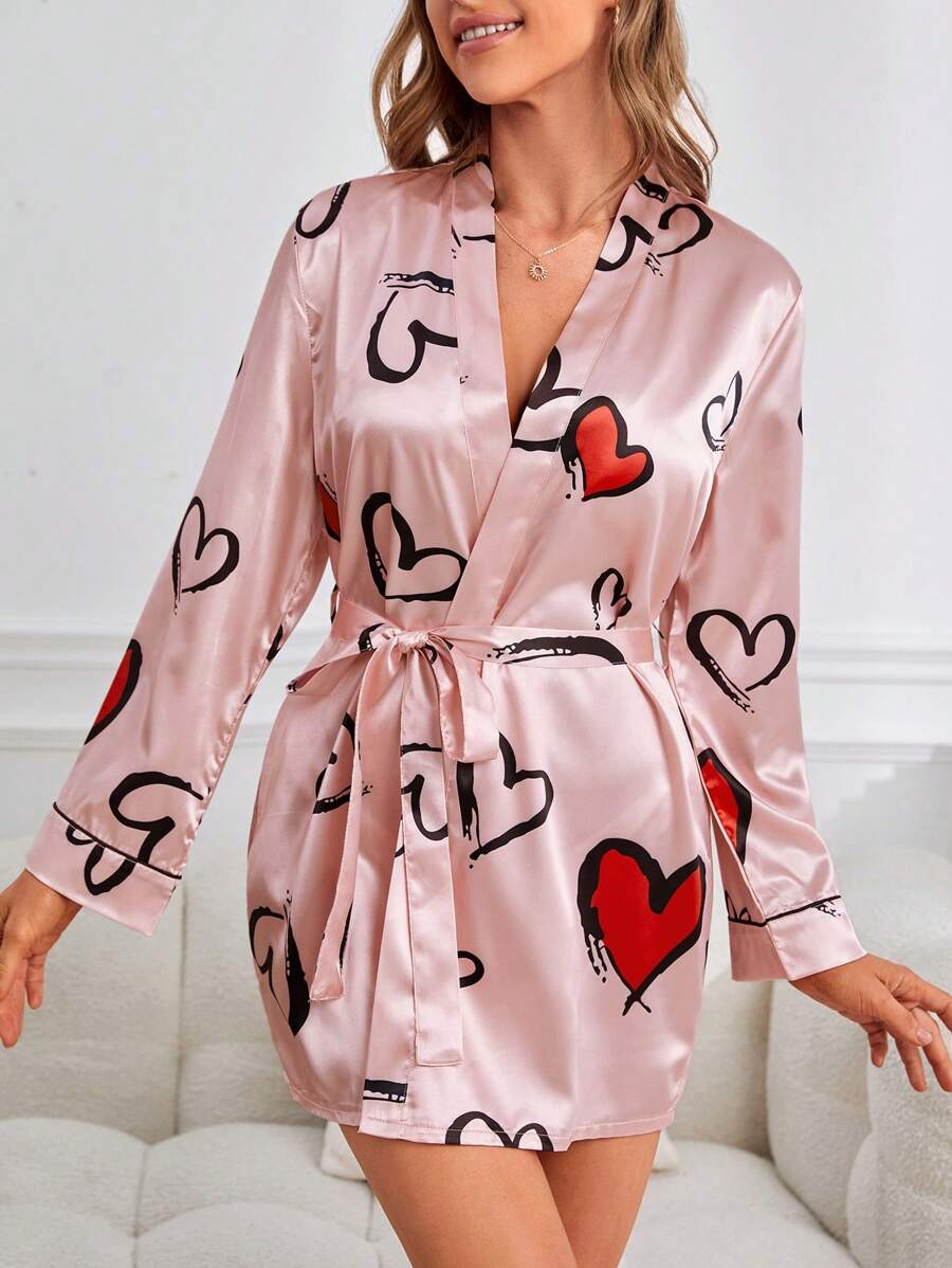 Heart Print Belted Satin Robe | SHEIN USA