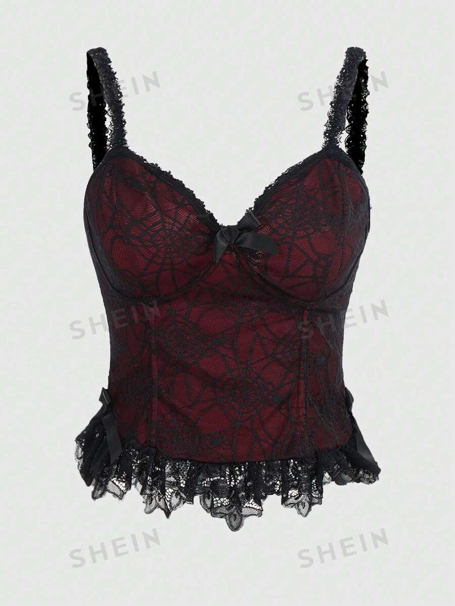 ROMWE Goth Women's Spaghetti Strap Lace Tank Top With Mesh And Bow ...