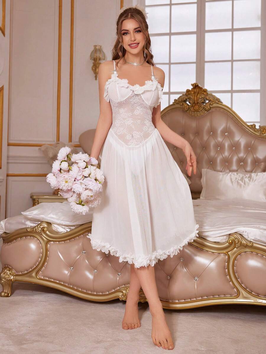 3d Floral Edge Heart Shaped Diamond Buckle Decorated Lace Sheer Sleep ...