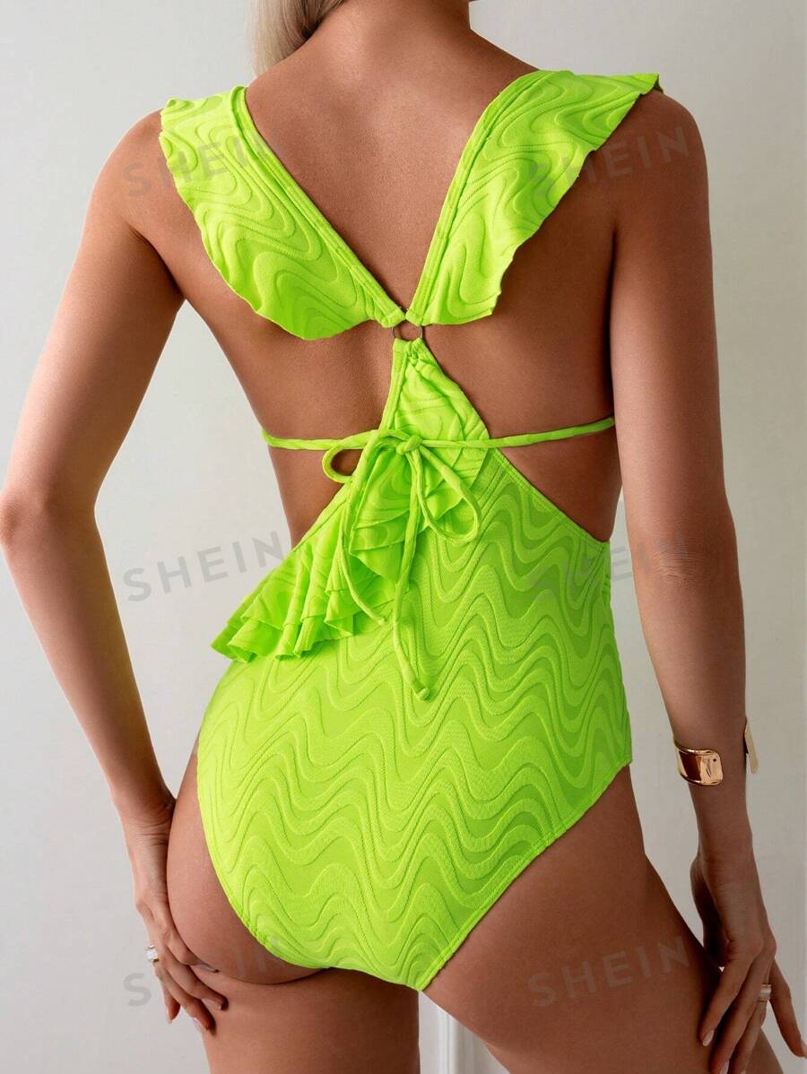 Shein Swim Chicsea Solid Textured One Piece Swimsuit With Hollow Out