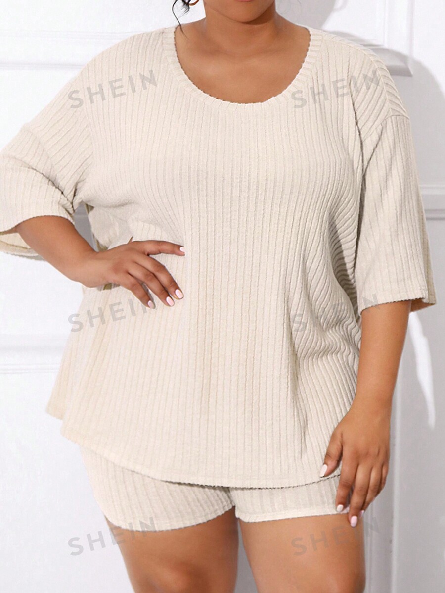 SHEIN CURVE+ Plus Size Solid Color Ribbed Top And Shorts Set | SHEIN USA