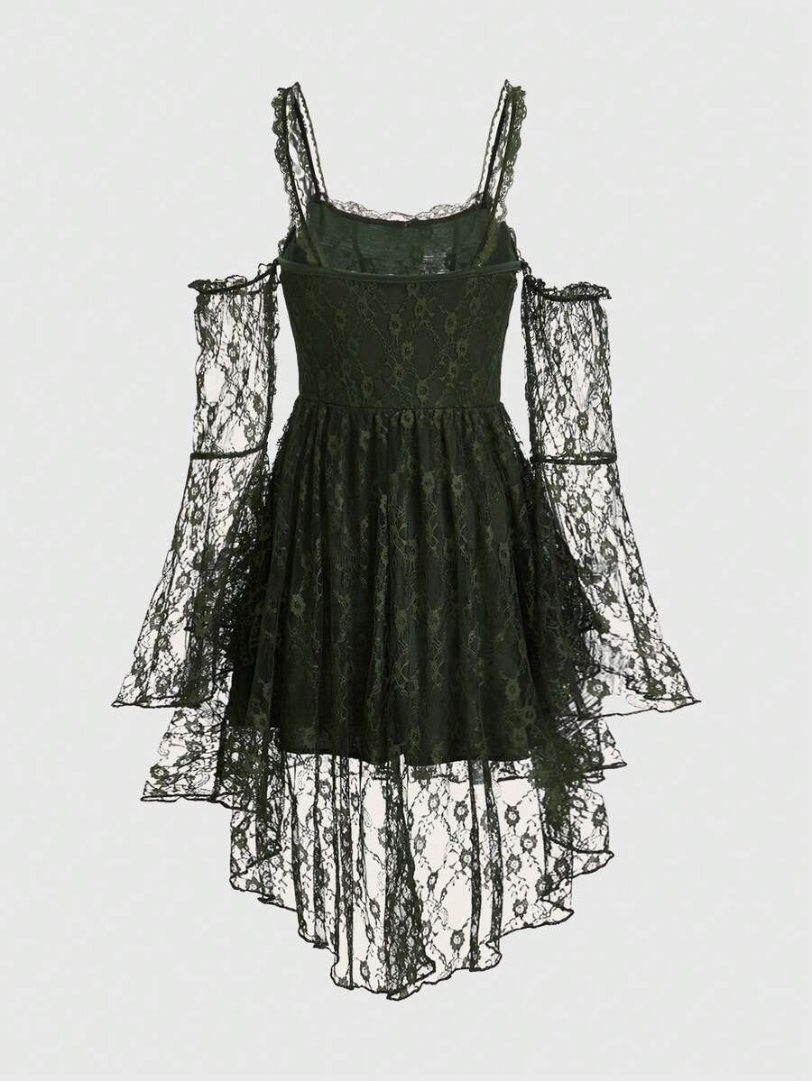 ROMWE Fairycore Contrast Lace Cold Shoulder Dress | SHEIN UK