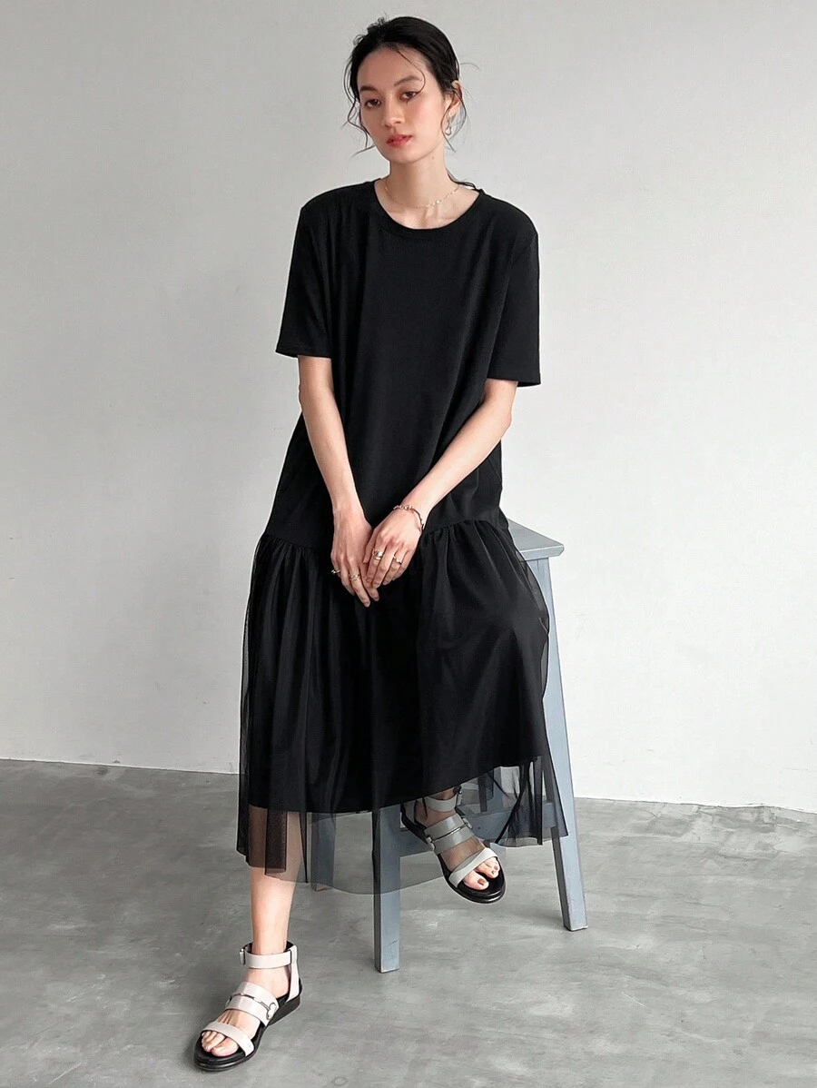 FRIFUL Ladies' Black Meshed Splicing Mesh Dress | SHEIN UK