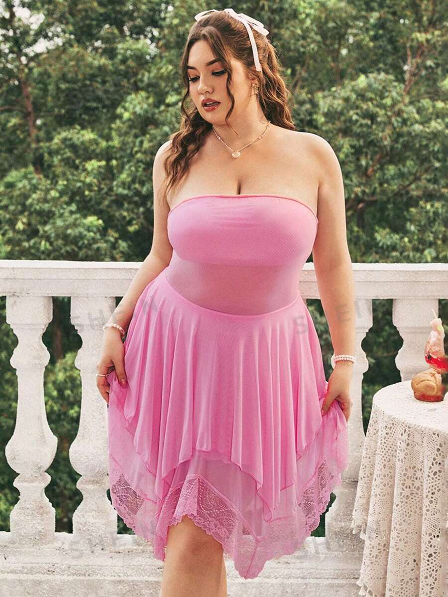 SHEIN WYWH Plus Size Mesh Fabric Irregular Lace Hem Strapless Dress ...