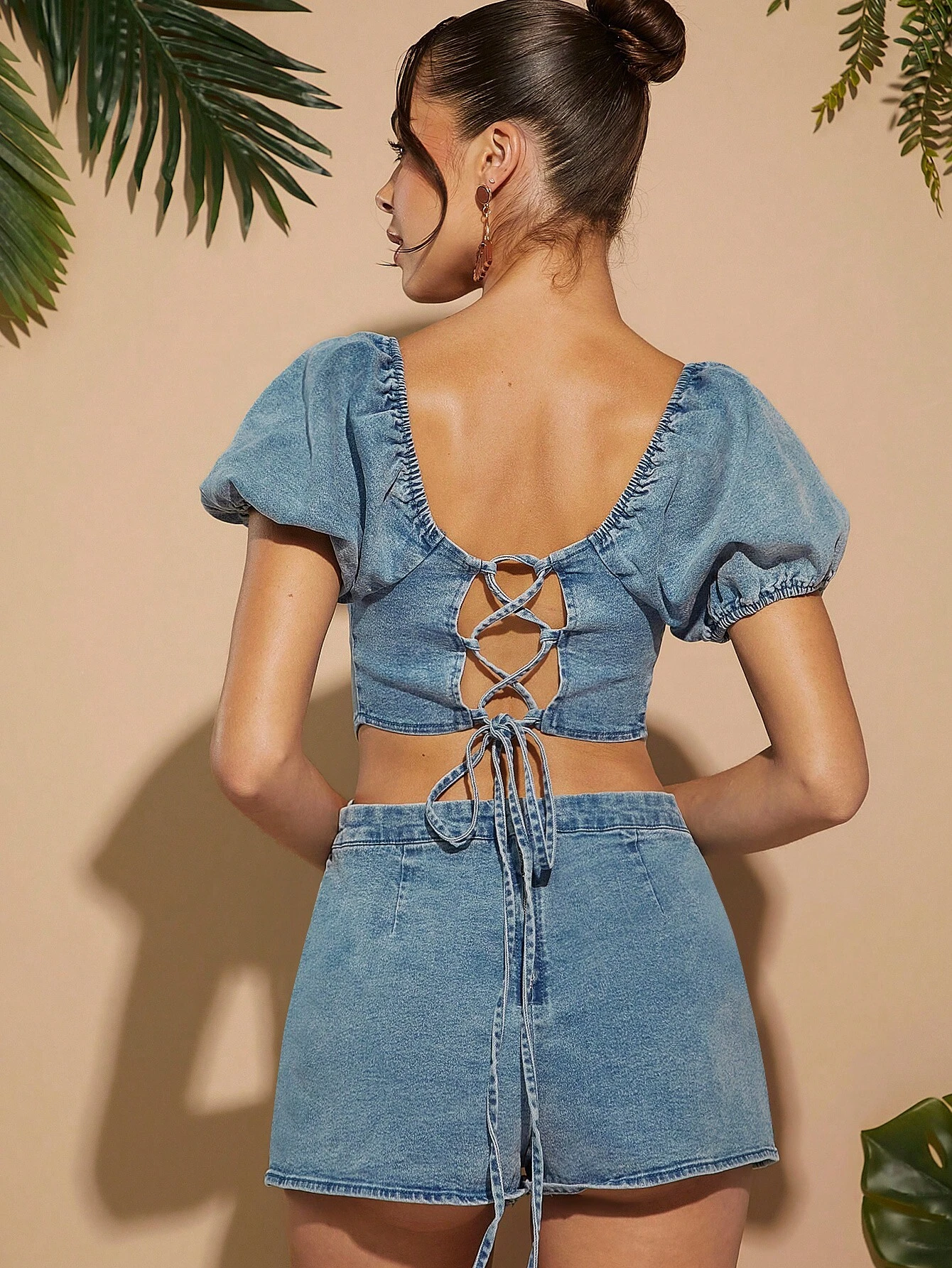 SHEIN Haute Puff Sleeve Lace Up Back Denim Romper | SHEIN USA