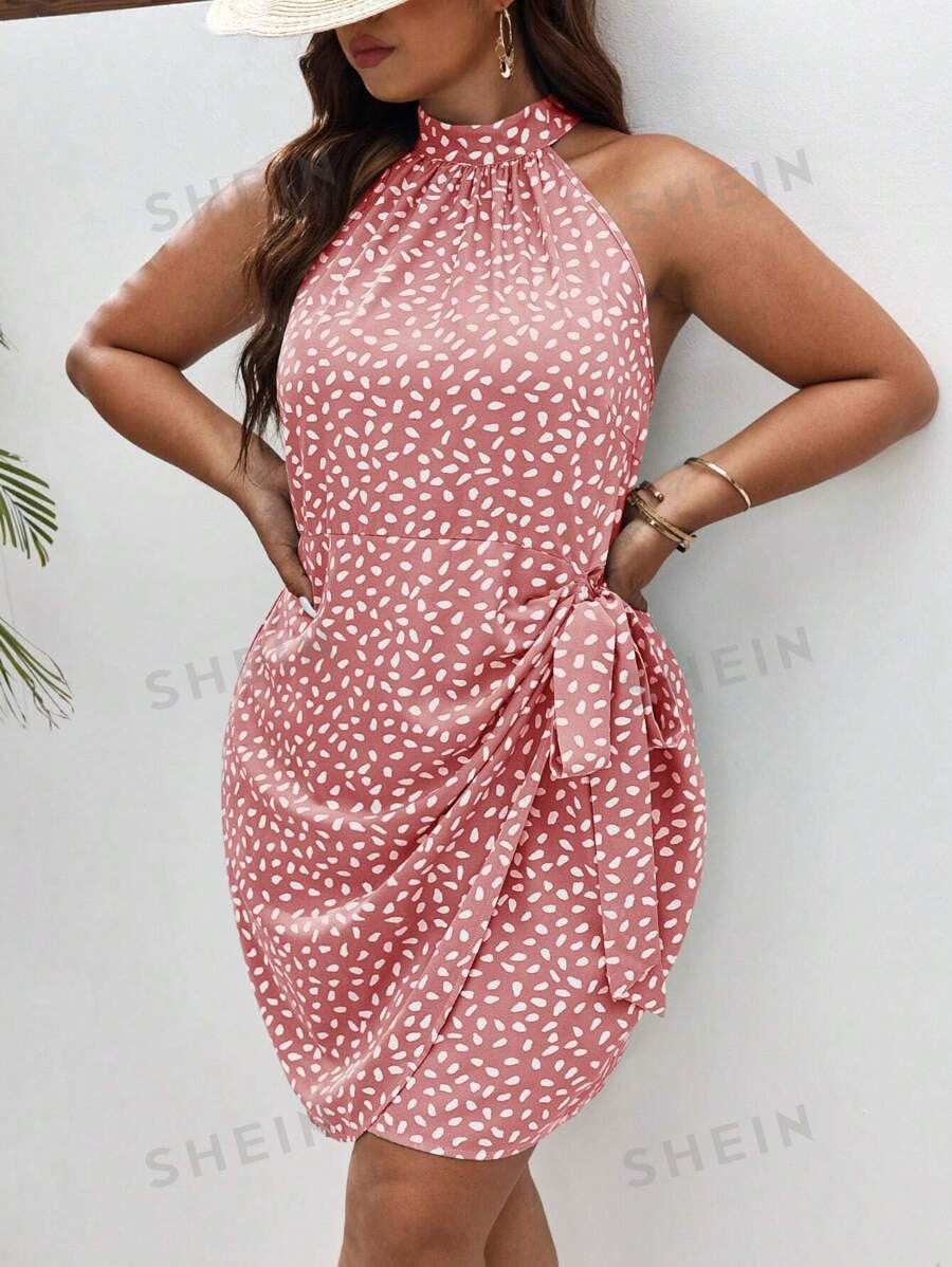 SHEIN Frenchy Plus Size Full Print Wrap Halter Neck Dress | SHEIN USA