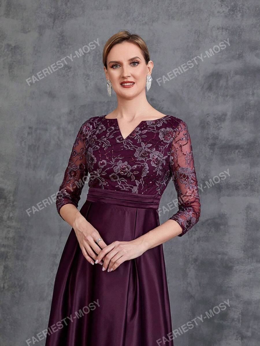 Women's Mid-Sleeve Embroidered Patchwork Satin Hem Formal Dress Elegant ...