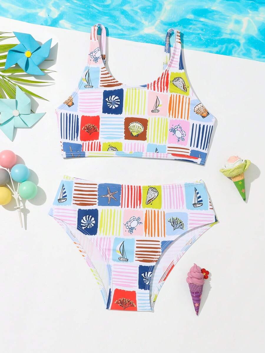 Young Girl Striped Seashell Printed Swimsuit Set | SHEIN UK