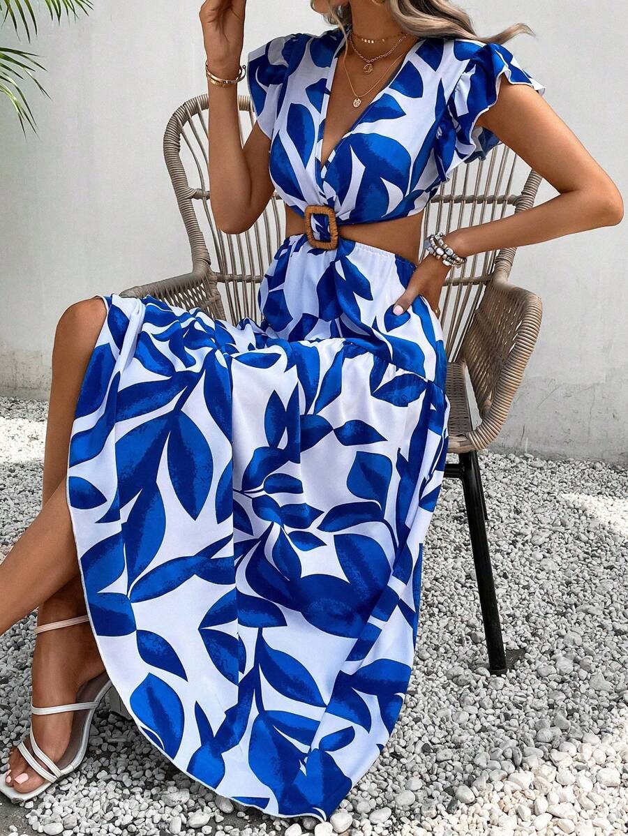 Shein Lune Plus Allover Print Butterfly Sleeve Cut Out Waist Dress
