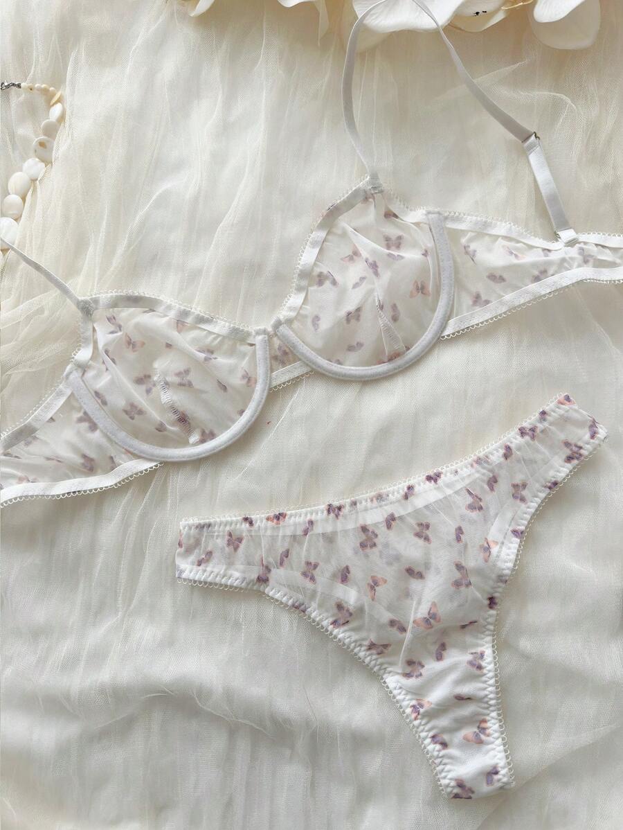 Wedding Season Butterfly Print Sheer Mesh Push-Up Bra And Panty Set ...