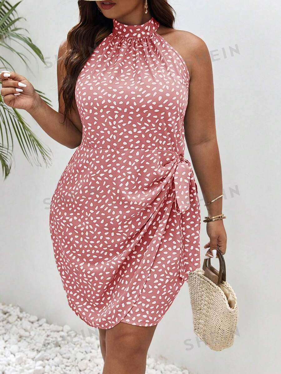 SHEIN Frenchy Plus Size Full Print Wrap Halter Neck Dress | SHEIN USA