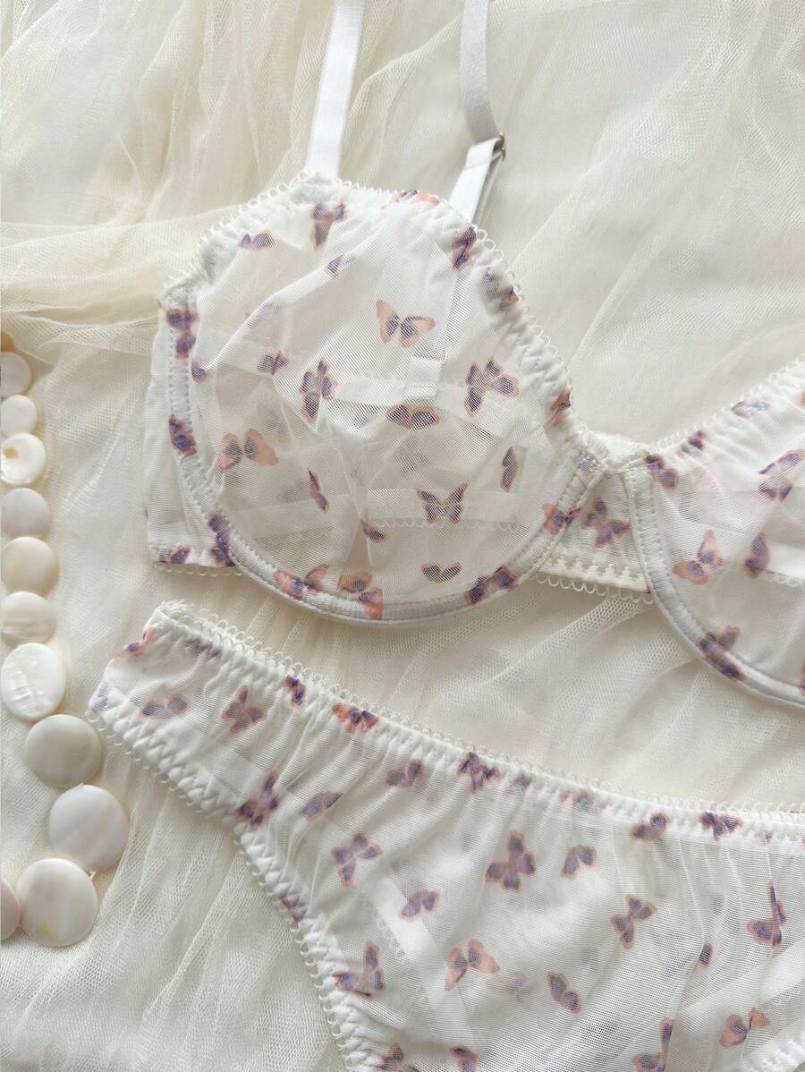 Wedding Season Butterfly Print Sheer Mesh Push-Up Bra And Panty Set ...