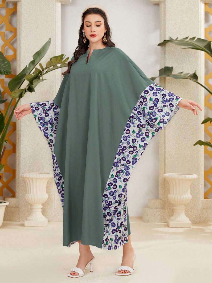SHEIN Najma Ramadan Floral Print Spliced Sleeve Cuff Split Neck Kaftan ...