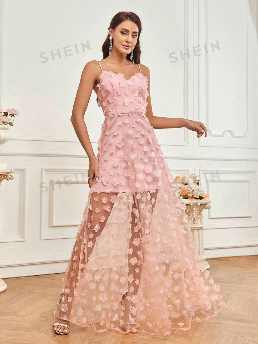 SHEIN Belle Elegante y romántico vestido tipo cami rosa con tela ...