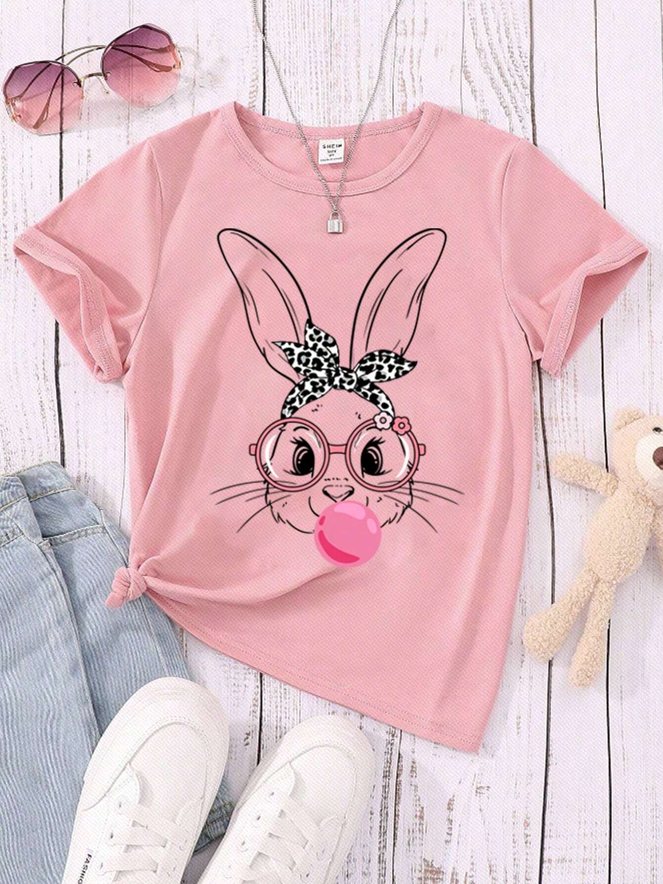 Tween Girls Easter Casual Simple Cartoon Rabbit Pattern Short Sleeve T