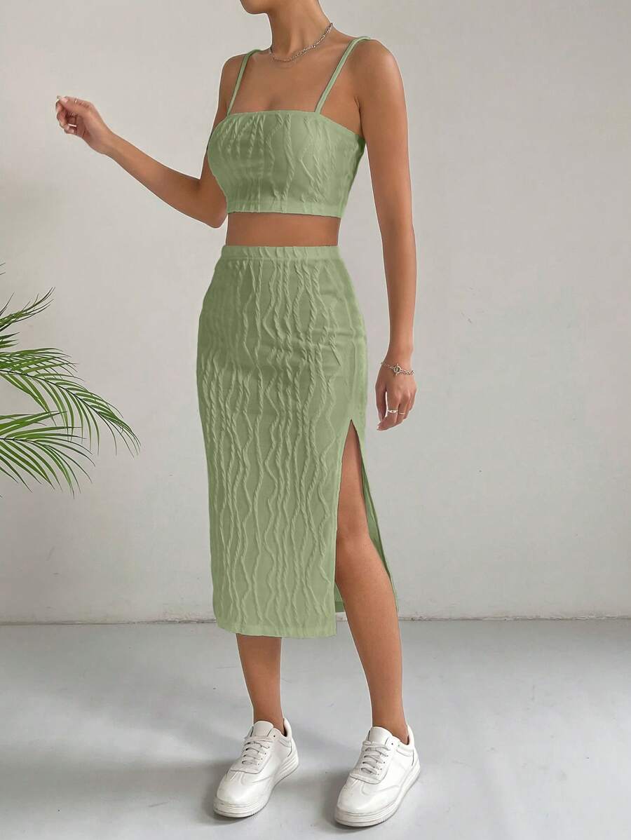 SHEIN EZwear Women's Texture Fabric Crop Top & High Slit A-Line Skirt ...