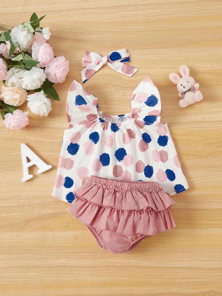 SHEIN Conjunto De Top Com Babado Em Estampa De Bolinhas E Shorts Com ...