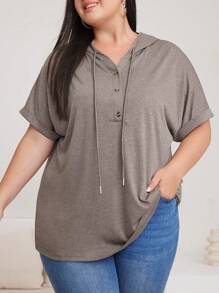 Mulvari Plus Size Women's Short Sleeve Hooded T-Shirt With Button Placket | SHEIN USA