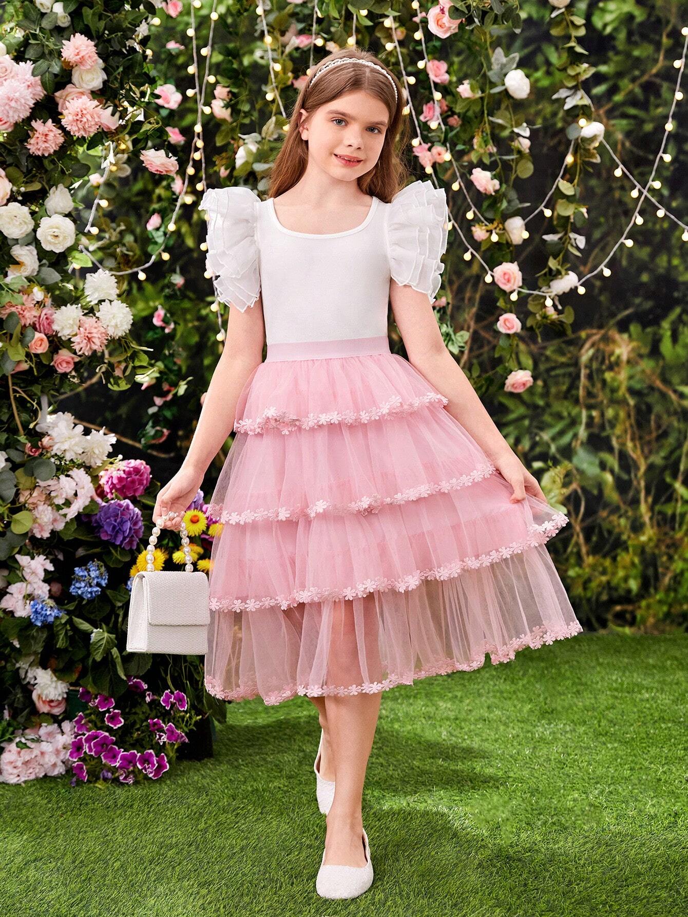 SHEIN Tween Girl Elegant & Lace Hem Patchwork Layered Cake Skirt ...