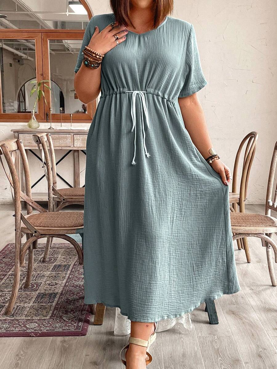 EMERY ROSE Plus Size Women's Short Sleeve Drawstring Waist Midi Dress ...