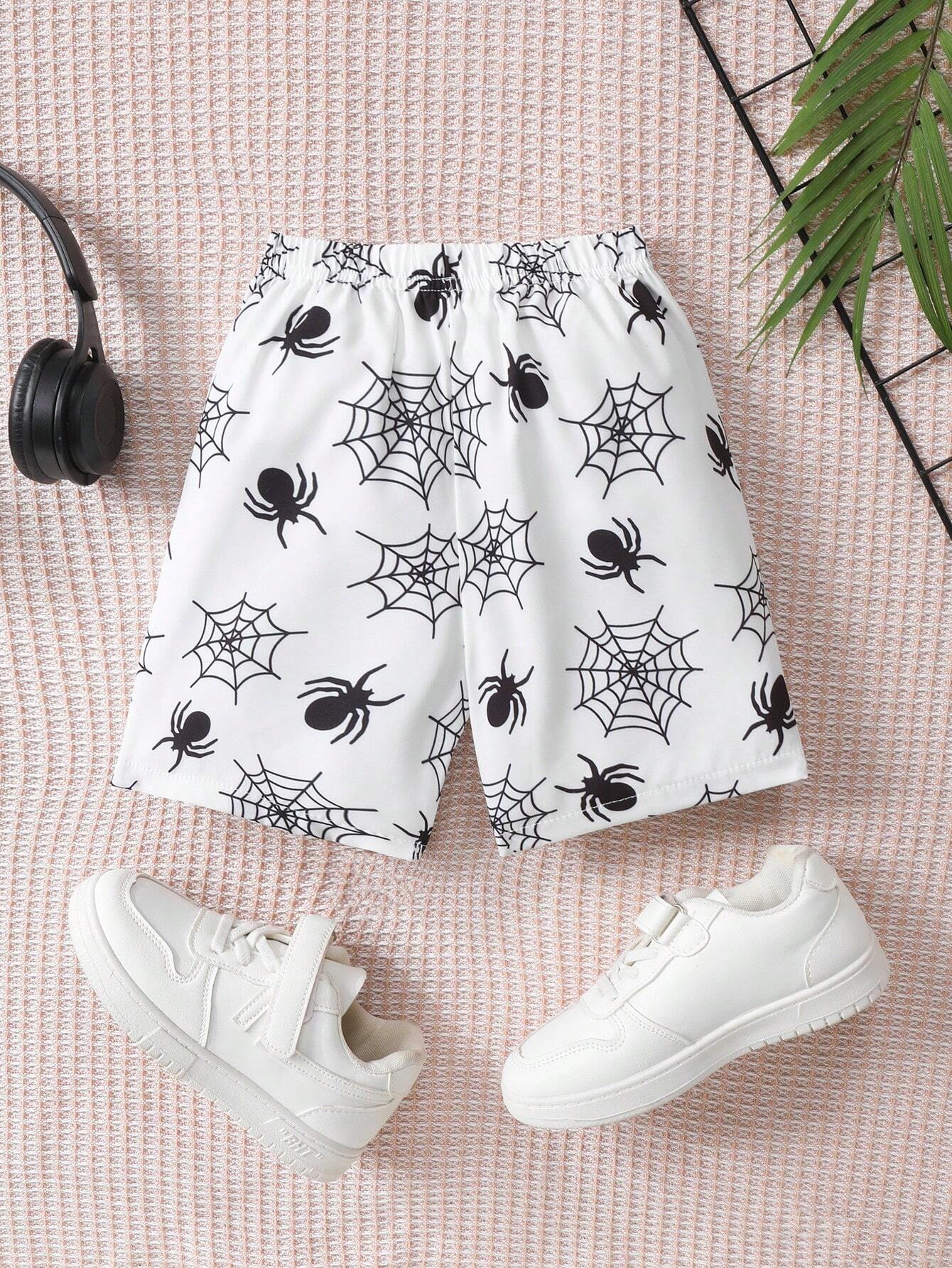 SHEIN Spider Web & Spider Printed Shorts For Young Boy | SHEIN USA