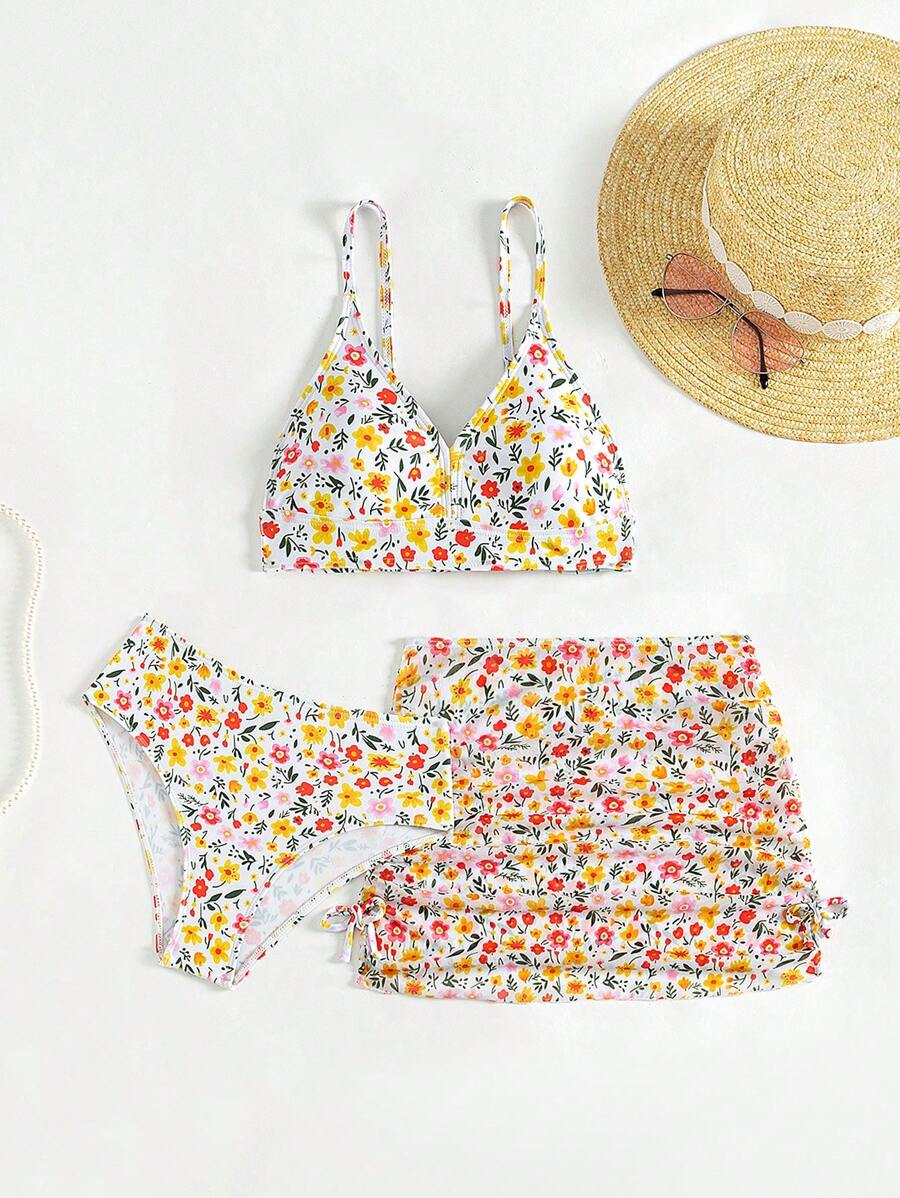 Conjunto de bikini con estampado floral diminuto de 3 piezas para niñas ...