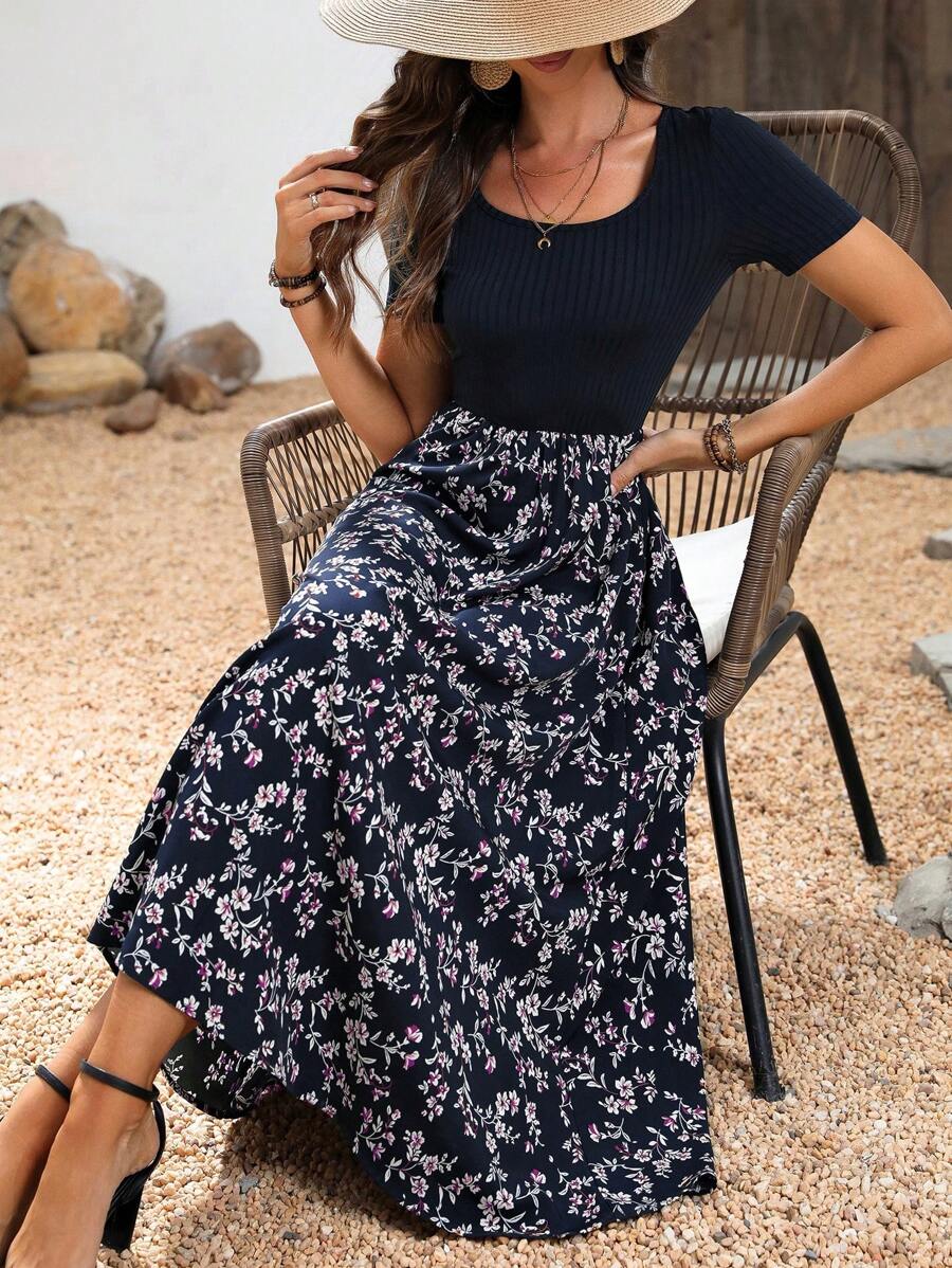 EMERY ROSE Floral Patchwork Dress Maxi Women Outfit | SHEIN USA