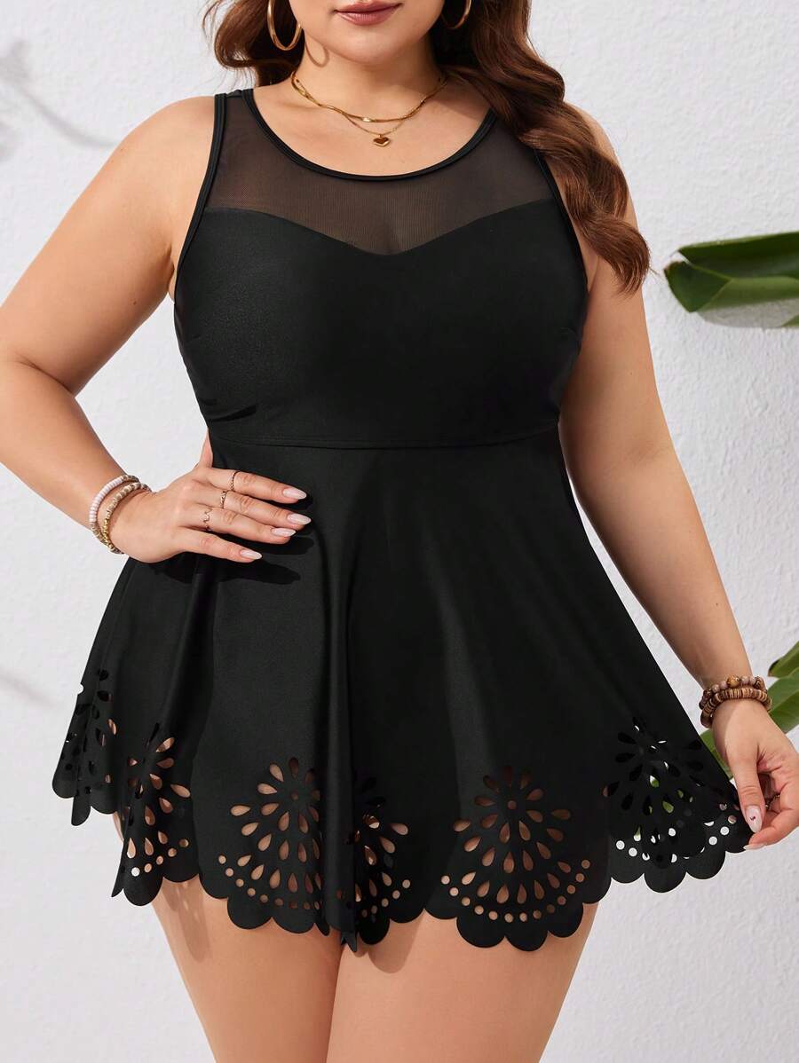 Swim Lushoire Summer Beach Plus Size Solid Color Swimwear Set, Laser ...