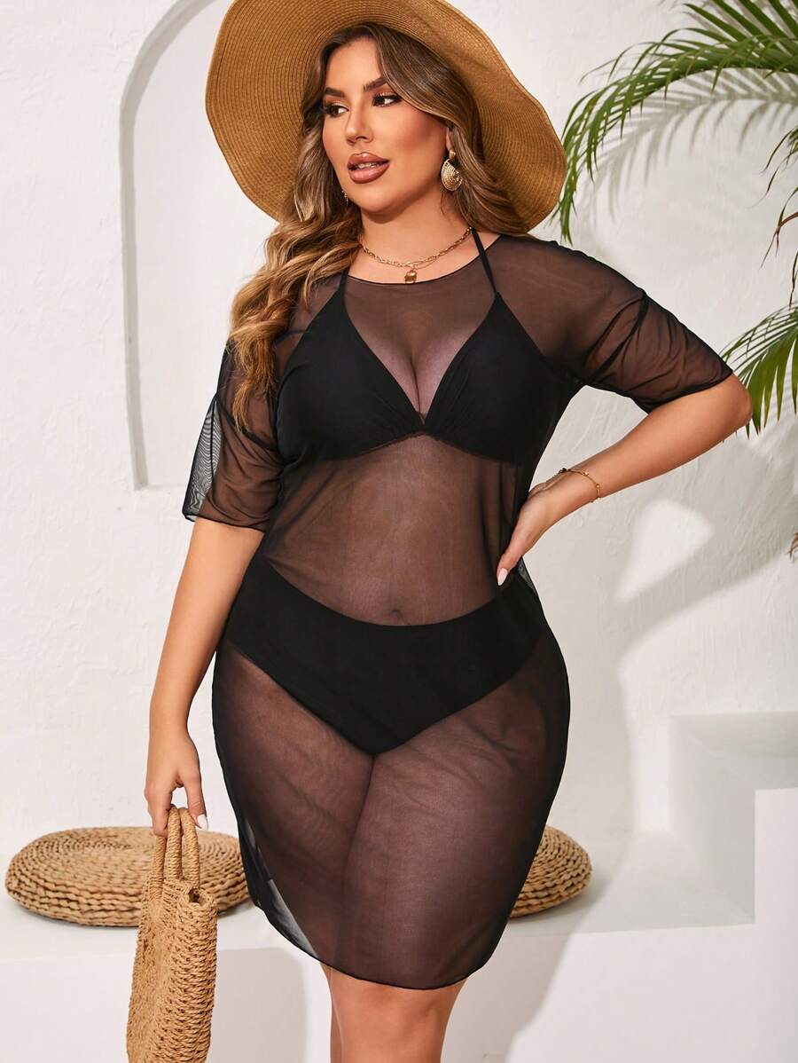 Shein Swim Curve Summer Beach Plus Size Womens Sheer Mesh Half Sleeve