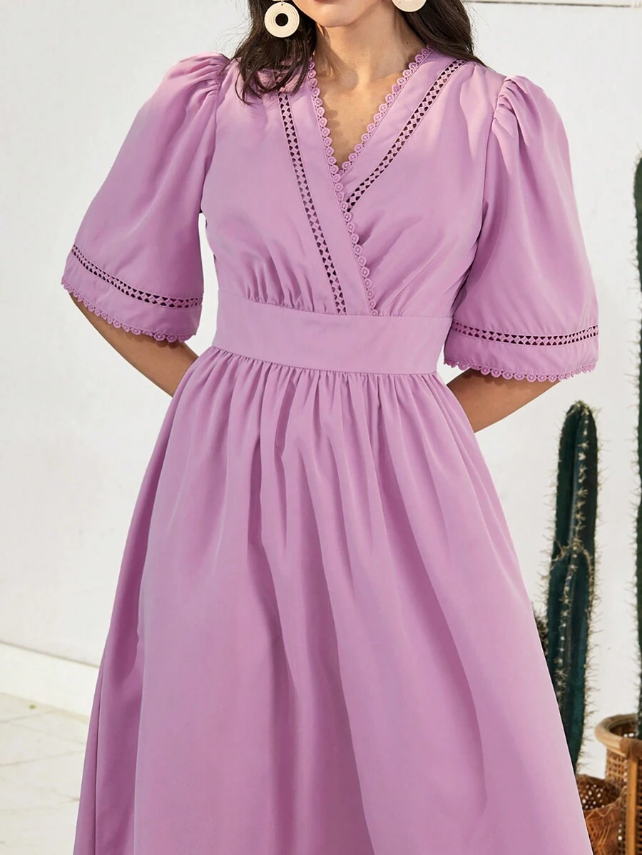 Mulvari Solid Color V-Neck Empire Waist Dress With Ruffle Hem | SHEIN