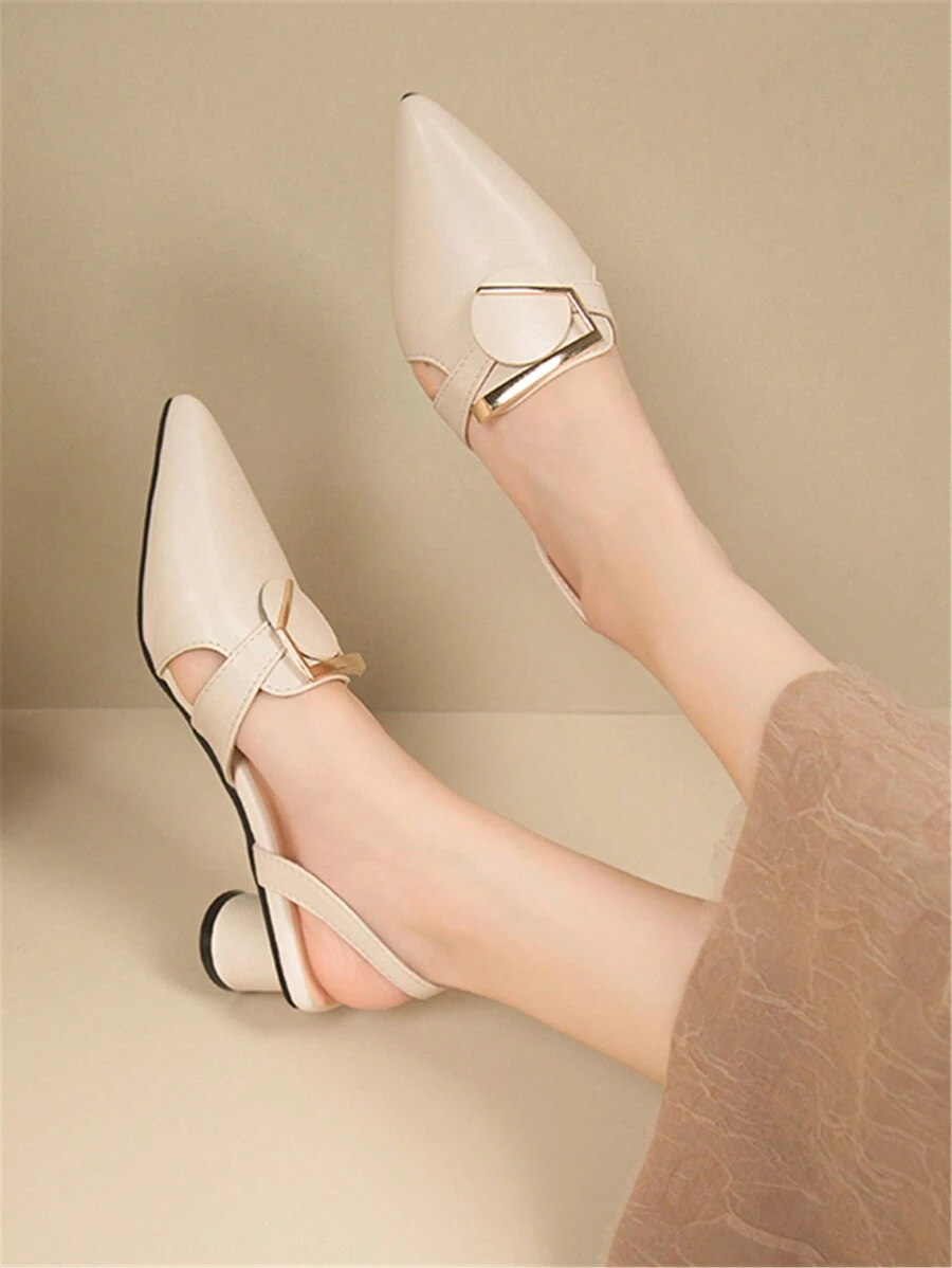 High Heel Metallic Detailing Peep Toe Backless Pumps With Pointed Toes ...